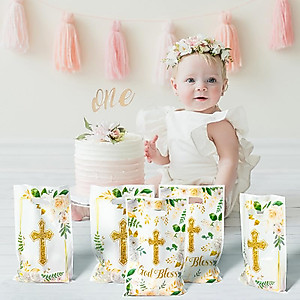 ANGOLIO Easter Treat Party Bags - 50Pcs White Gold Party Favors Bags Print Easter Cross God Bless Candy Bags with Handles Plastic Gifts Bags Birthday Snack Bags Easter Party Favor Supplies for Kids