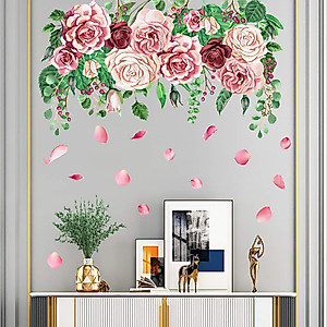 Peony Flowers Wall Decals Rose Flower Green Leaves Stickers DIY 3D Removable Floral Rose Skirting Wall Art Murals for Kids Baby Girls Bedroom Living Room Nursery Kitchen Office Room Decoration (Pink)