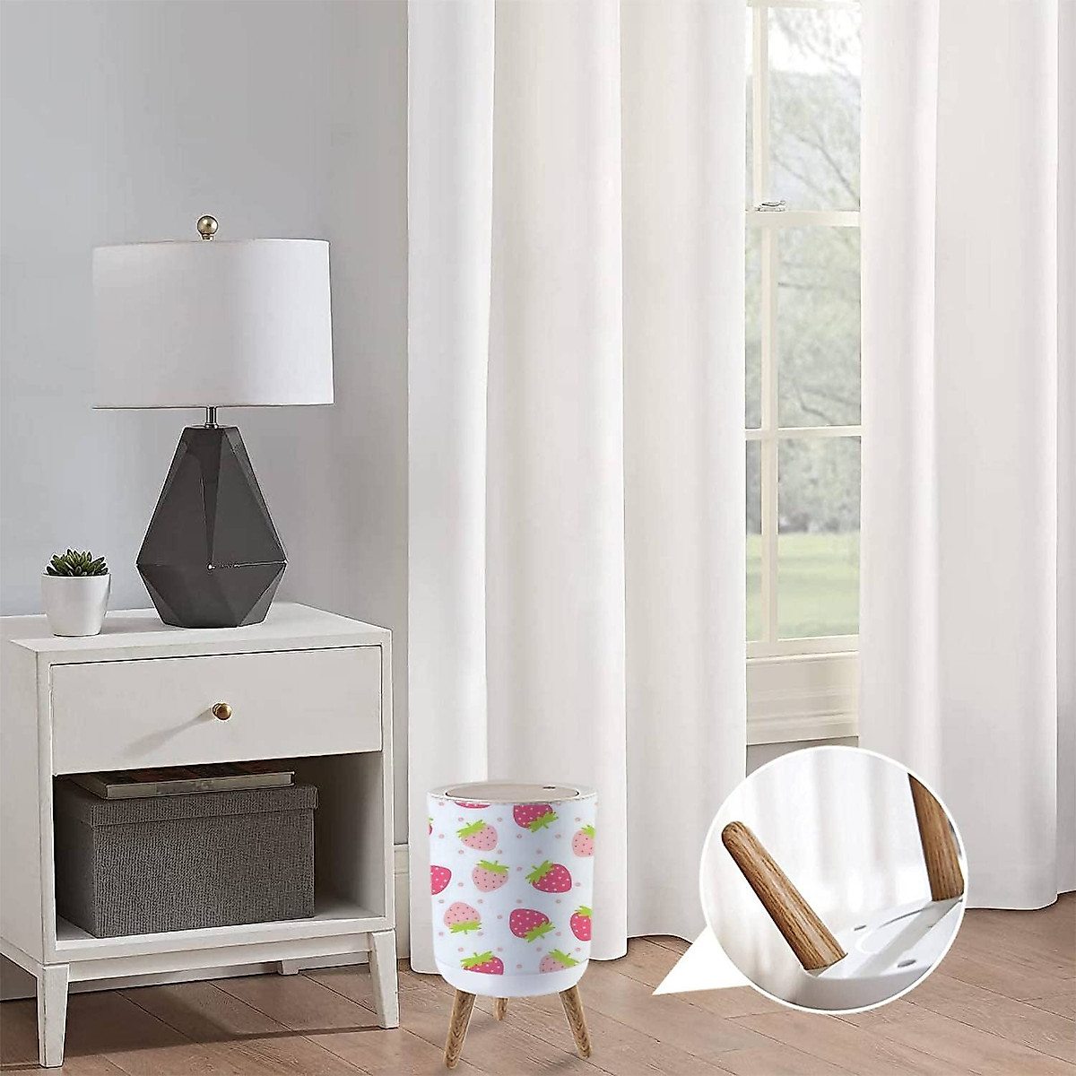 Small Trash Can with Lid for Bathroom Kitchen Office Diaper Fruit Cute fresh strawberry pink polka dot isolated white Design for Bedroom Garbage Trash Bin Dog Proof Waste Basket Cute Decorative