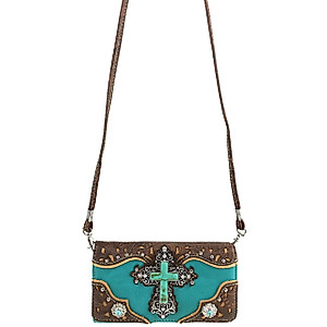 Zelris Turquoise Rhinestone Cross Western Women Crossbody Wrist Trifold Wallet (Turquoise)