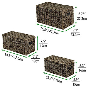 mDesign Natural Woven Seagrass Closet Storage Organizer Basket Bin with Removeable Lids to use in Closet, Bedroom, Bathroom, Entryway, Office - Set of 3 - Black Wash Finish