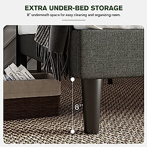 IMUsee Full Size Bed Frame, Upholstered Bed Frame with Geometric Headboard, Heavy Duty Mattress Foundation with Wooden Slats, Easy Assembly, Dark Grey