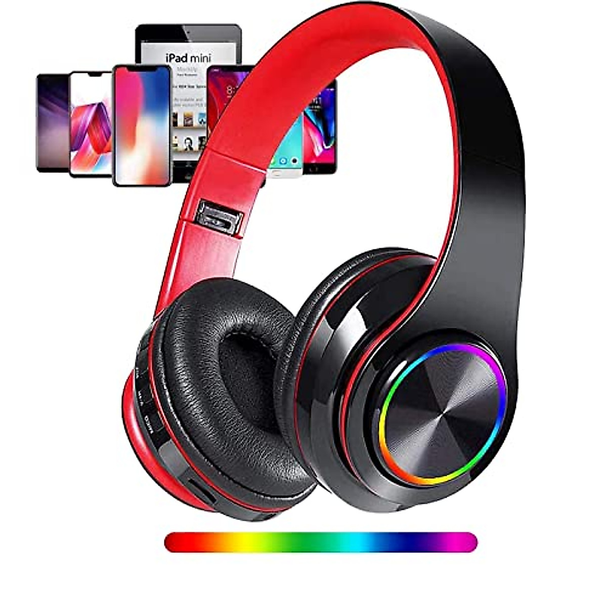 LFGKeng Wireless Bluetooth Headphones with Colorful LED Lights, Built-in Mic, Light Weight, Foldable, Wired HiFi Stereo Headphones for Classroom/Home Office/PC/Mobile Phone/Kids Adult (Black Red)
