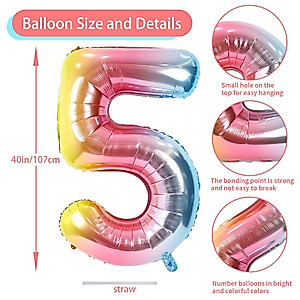 Rainbow Number 5 Balloons, 5th Birthday Balloon, 40inch Gradient 5 Balloon Numbers, Large Self Inflating Foil Balloon, 5th Birthday Decorations for Kids Birthday Party, 5 Anniversary Decorations