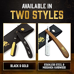 The Cambridge Cutthroat® Cut Throat Razor Kit with Travel Pouch - Black & Gold Stainless Steel Professional Barber Single Straight Edge for Men - Moustache Shaver & Beard Shaper