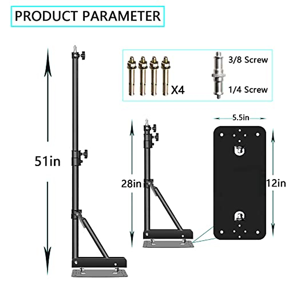 4.3ft/130cm Wall Mount Triangle Boom Arm, 180º Flexible Rotation, Save Space, for Ring Light, Photography Strobe Light, Monolight, Softbox, Umbrella and Reflector