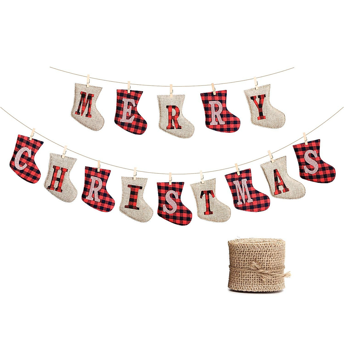Merry Christmas Banner, Rustic Christmas Tree Ornaments Stocking Decorations, Unique Hand-Sewn Burlap Socks Shaped Christmas Tree Decorations, Stockings for Home Office Party Fireplace Decoration