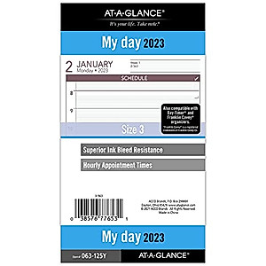 AT-A-GLANCE 2023 Daily Planner Refill, Hourly, 3-3/4" x 6-3/4", Size 3, Portable Size, One Page Per Day, Loose Leaf (063-125Y)