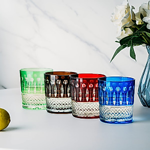 The Wine Savant Crystal Italian Multicolor Design Cups -Set of 4 Whiskey Glasses 8oz 3.5" H Bohemian Venetian Italian Style Red, Blue, Green, Black Glasses, for Dinner Parties, Bars & Weddings