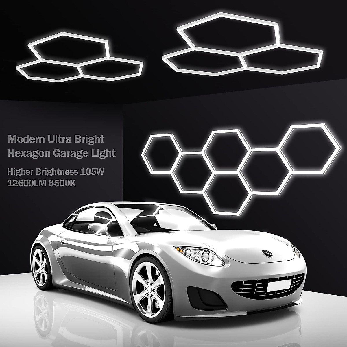 MODERN Hexagon LED Garage Light, Super Bright 105W 12600LM 65000K Daylight White LED Car Garage Light, 3 Hexagonal Grids for Garage, Shopping Mall, Workshop and Car Detailing etc.