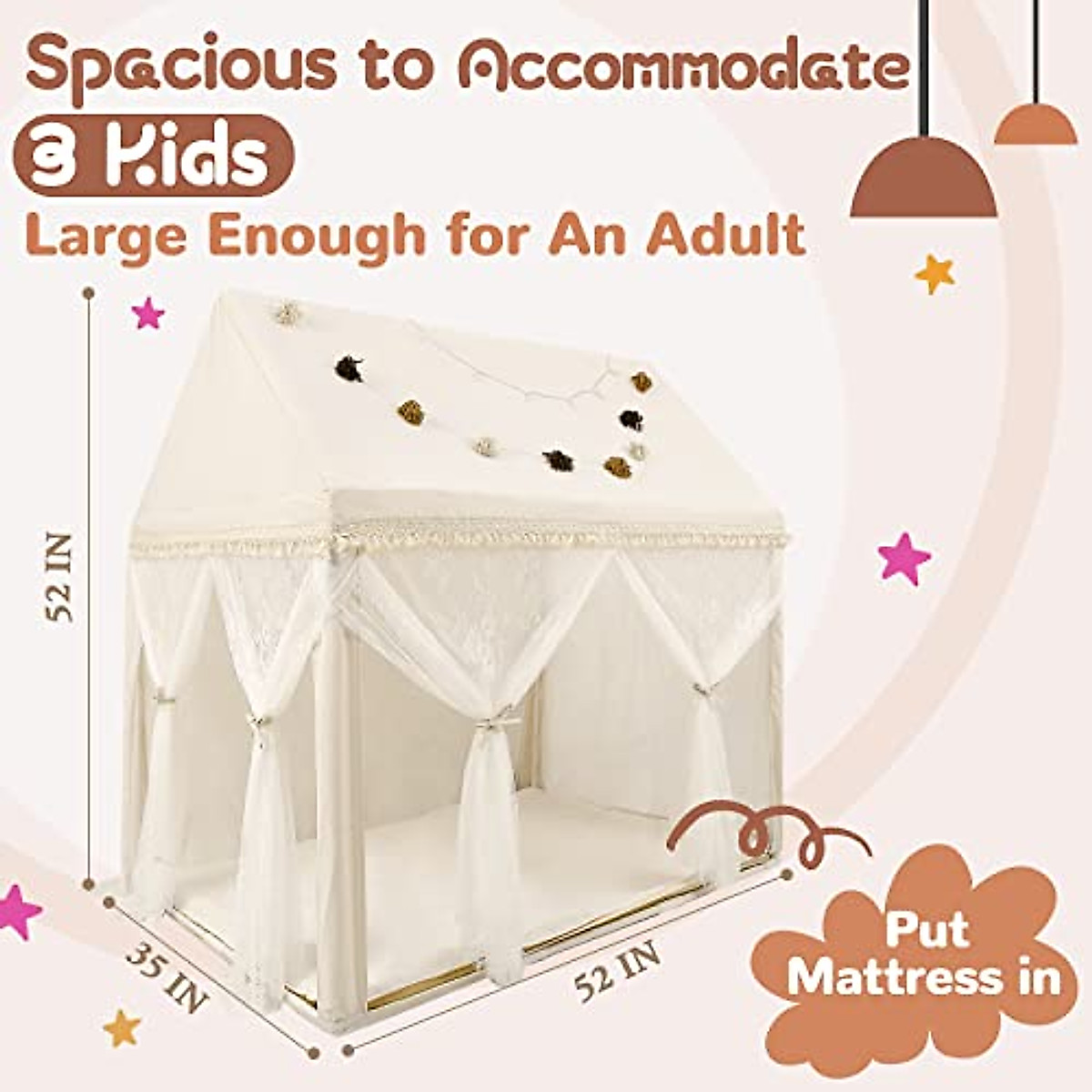 Kids Play Tent Indoor Outdoor, Large Play House Tents for Toddlers 3-12 Years Old, Girls Boys Play Tents with Non-Slip Mat, Tassel Garland and Star Lights, Neutral Color 52" x 35" x 52"