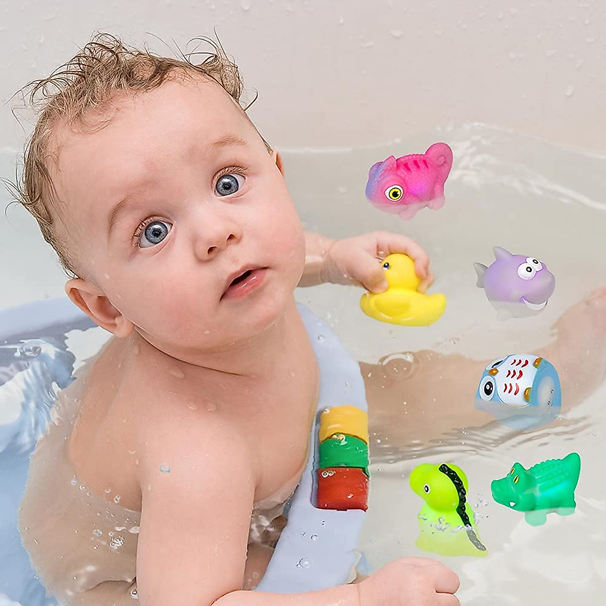Woby Bath Toys for Toddlers 1-3,No Hole Light Up Bath Toys Baby Bathtub Toys Bathroom Floating Animal Set with Colorful Flashing LED Light for Baby (Funny Forest Animal Style)