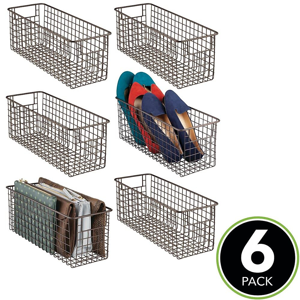 mDesign Household Metal Wire Narow Storage Organizer Bin Basket Holder with Handles - for Closets, Entryways, Mudrooms, Kitchen Pantry, Under Sink Cabinets, Bathrooms - 16" x 5" x 6" - 6 Pack - Bronze
