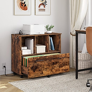 HOOBRO Wooden File Cabinet, Filing Cabinet with Charging Station, Mobile Lateral Home Office Cabinet, Rolling Printer Stand with 3 Open Compartments and Drawer, A4, Letter Size, Rustic Brown FG22UWJ01