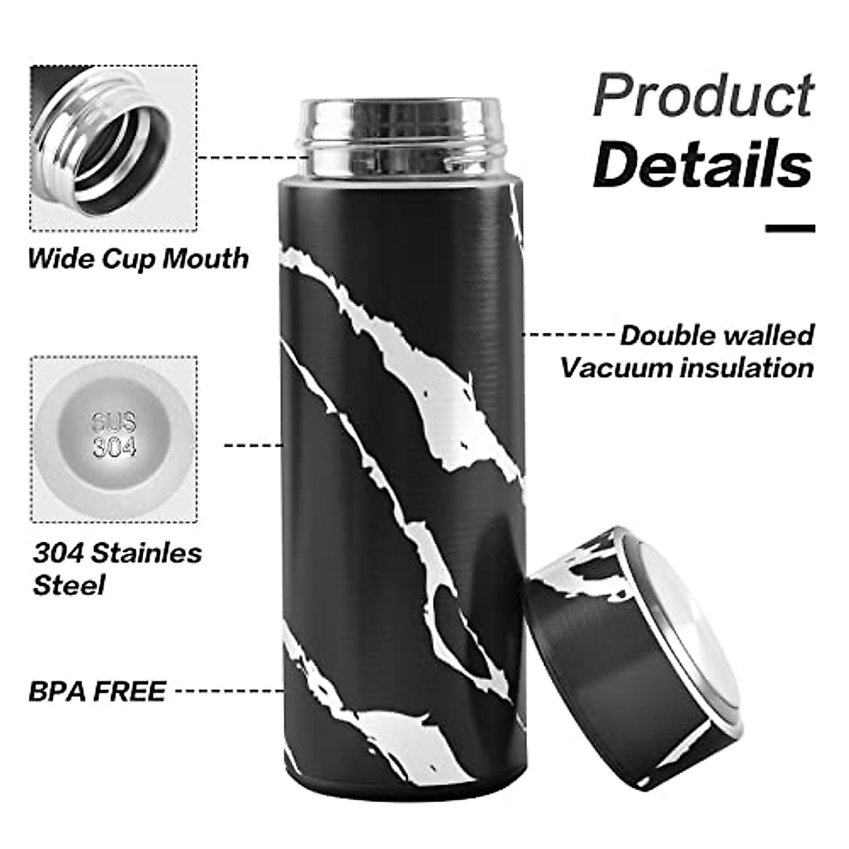 CaTaKu Black Marble White Water Bottle Insulated 16 oz Stainless Steel Flask Thermos Bottle for Coffee Water Drink Reusable Wide Mouth Vacuum Travel Mug