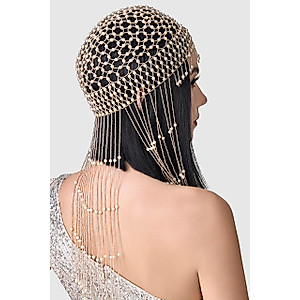 BABEYOND 1920s Pearl Flapper Cap Headpiece Roaring 20s Gatsby Pearl Head Chain (Rose Gold)