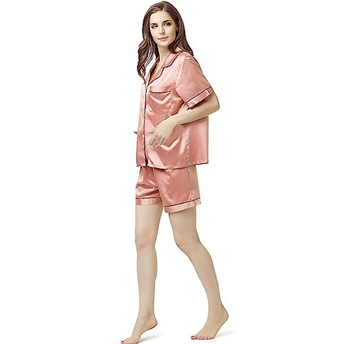 EQIQU Womens Silk Satin Pajamas Set Two-Piece Pjs Sets Short Sleeve Sleepwear Button-Down Loungewear Rose Gold Medium