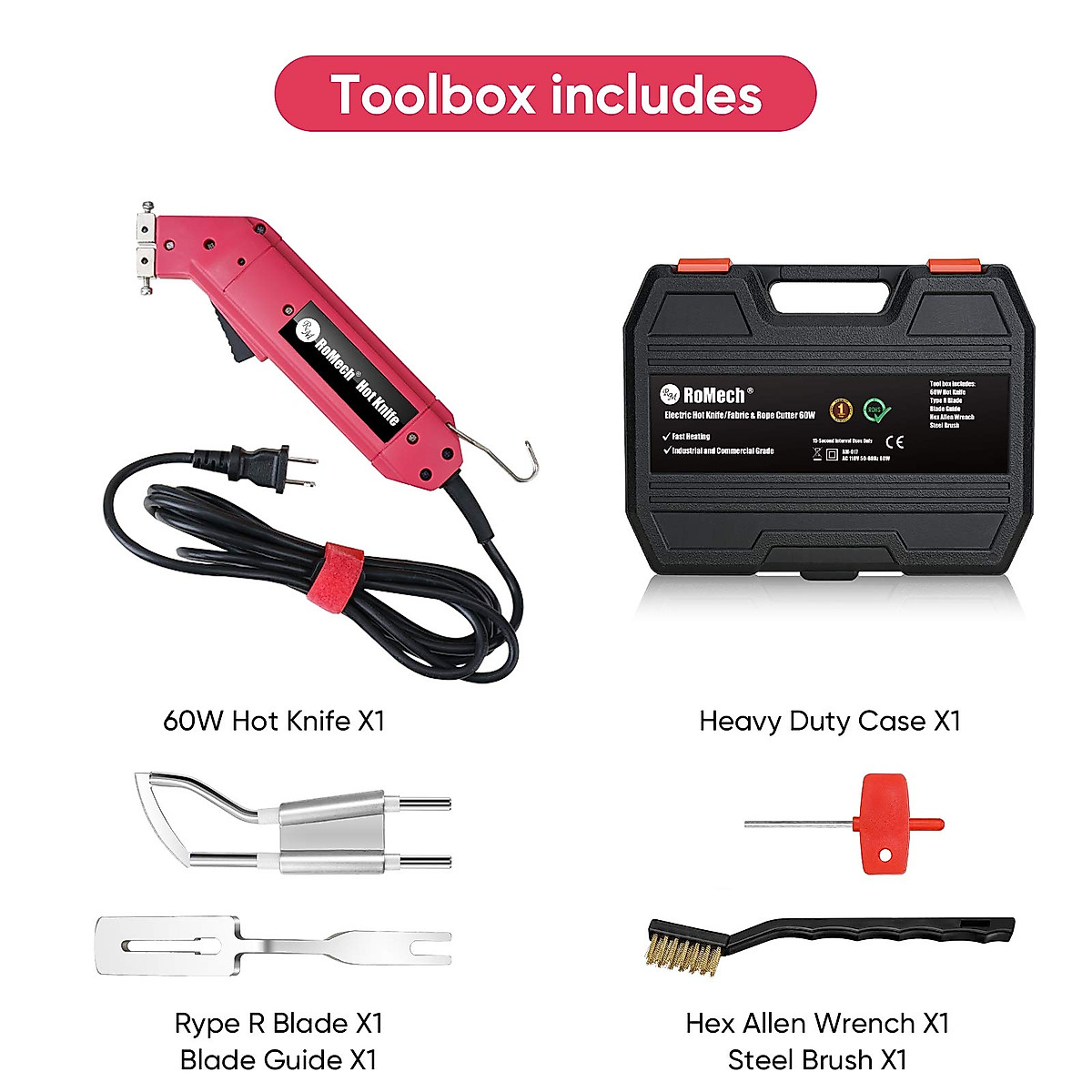 RoMech Rope Cutter Fabric Cutter - Pro Electric Hot Knife Heat Sealer with Non-adjustable Power (60W) - Cutting Tool Kit- with Blades & Accessories (RM-017)