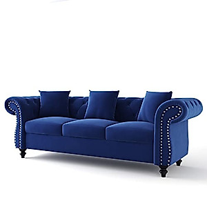 ERDAYE 80" Chesterfield Sofa Tufted Velvet Upholstered 3-Seater Couch with Scrolled Arms and Nailhead Decoration,3 Pillows Included, Blue