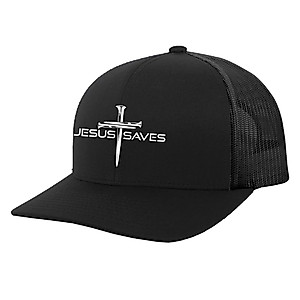 Trenz Shirt Company Christian Jesus Saves Cross Embroidered Mens Adjustable Snapback Mesh Back Trucker Hat, Black/Black