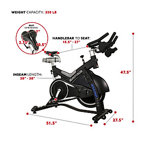 Sunny Health & Fitness ASUNA 7150 Minotaur Exercise Bike Magnetic Belt Drive Commercial Indoor Cycling Bike with 330 LB Max Weight, SPD Style/Cage Pedals and Aluminum Frame, Black