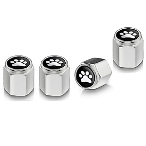 Pet Paw Print Tire Valve Stem Caps - (4 Pack) Metal Air Valve Caps with Plastic Seal, Corrosion Resistant, Leak-Proof, for Cars, Trucks, Motorcycles, Bikes, Silver with Cute Dog and Cat Paw Prints