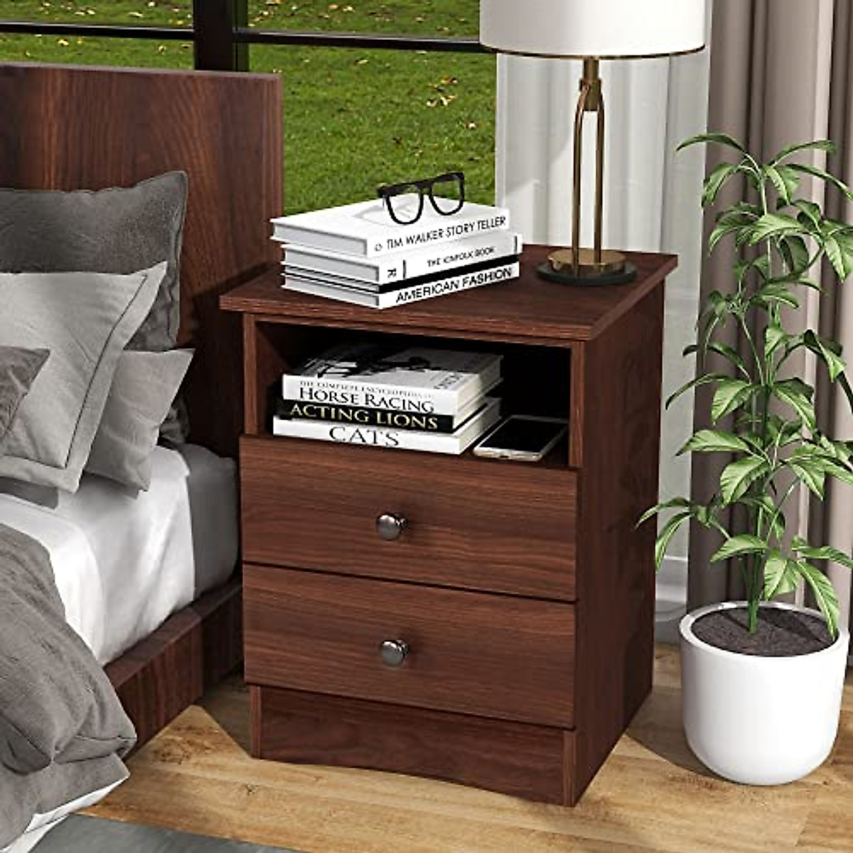 UYIHOME Walnut Nightstand with Storage Drawers and Open Shelf, 2 Drawers End Table with Sturdy Base, Farmhouse Wood Nightstand Bedside Table Sofa-Side Accent Table for Bedroom