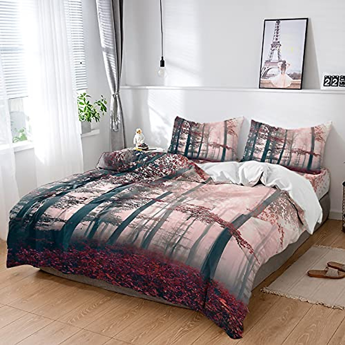4 Piece Bedding Duvet Cover Set Aesthetic Forest Tree Red Leaves,Soft Bedspread Decorative Pillow Shams Microfiber Quilt Cover Nature Landscape,Washable Bed Sheet Comforter Set for Bedroom Hotel Twin