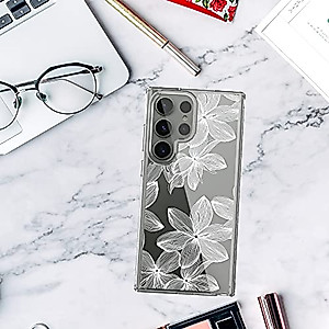 RANZ Galaxy S23 Ultra Case, Anti-Scratch Shockproof Series Clear Hard PC+ TPU Bumper Protective Cover Case for Samsung Galaxy S23 Ultra - White Flower