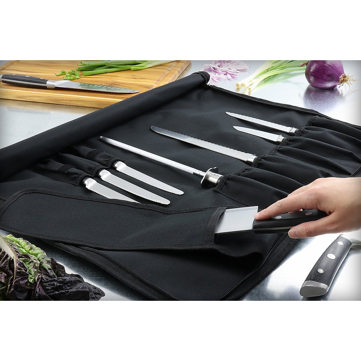 Chef’s Knife Roll Bag (14 slots) Holds 10 Knives PLUS Meat Cleaver, Utility Pocket, AND 4 Tasting Spoons! Our Durable Knife Carrier Includes Shoulder Strap and Name Card Holder. (Knives Not Included)