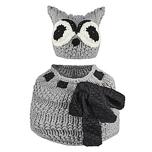 2 Pieces Kids Winter Warm Knitted Hats and Scarf Set Cute Owl Knit Beanie Hat with Scarf for Boys Girls 3-9 Year (Gray)