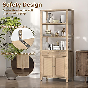 MECHYIN Bookshelf, Bookcase Rattan Boho, Tall 5 Tier Bookshelf Storage Cabinet with Doors and Shelves for Living Room, Bedroom, Kitchen& Library (2 Pieces)