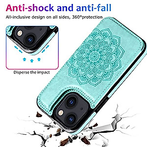 Designed for iPhone 13 Case with Card Holder,Slim Flip Cover for Woman Mandala Emboss PU Leather with Kickstand Credit Card Slots Magnetic Clasp Wallet Phone Case for iPhone 13,6.1 Inch (Mint)