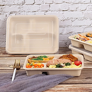 JAYEEY 23 OZ 4 Compartments disposable plates with Lids food container sets kids lunch box bento box Eco-friendly Plant Fibers Microwave & Freezer Safe 50 PACK