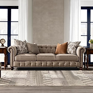 Acanva Chesterfield Tufted Sofa with Scroll Arms, Nailhead Trim Linen Upholstered, 89" W Couch, Brown