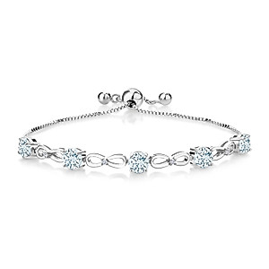 Gem Stone King 925 Sterling Silver Sky Blue Aquamarine and White Lab Grown Diamond Tennis Bracelet For Women (2.54 Cttw, Gemstone Birthstone, Fully Adjustable Up to 9 Inch)