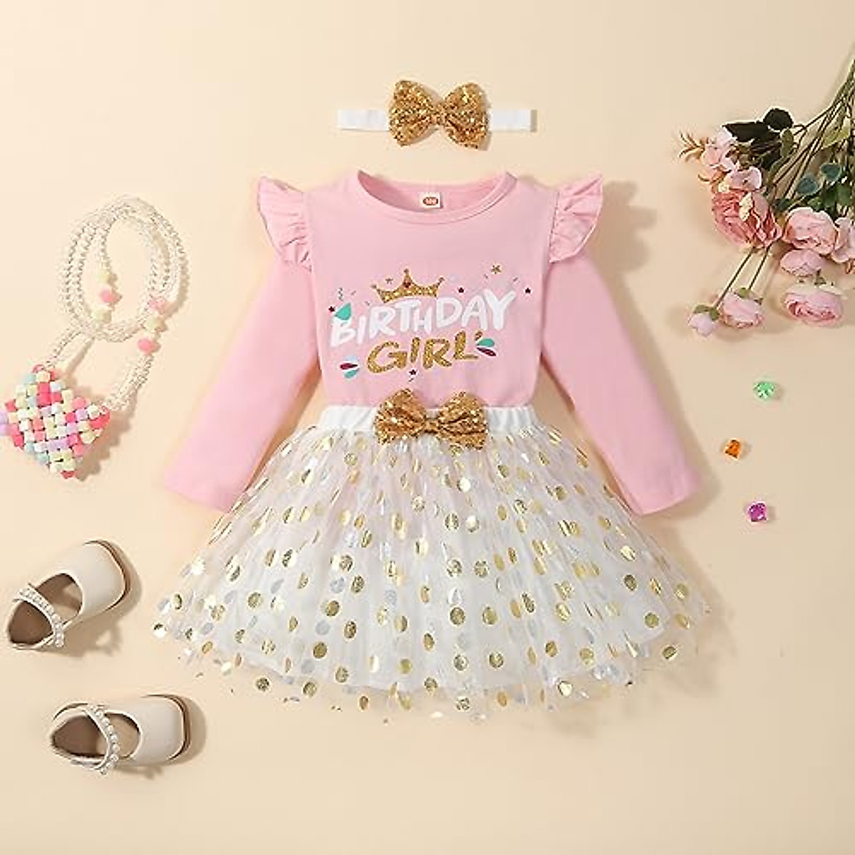 vivifayee Toddler Kids Baby Birthday Girl Outfit Ruffle Long Sleeve Birthday Princess Shirt Polka Dots Tutu Dress Cute Skirt Sets with Headband
