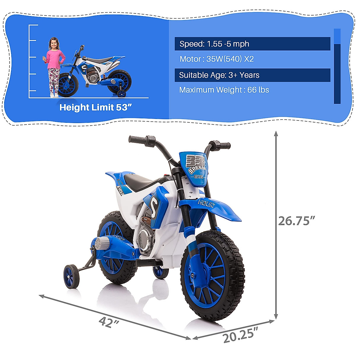 TOBBI Kids Motorcycle Dirt Bike 12V Electric Motorcycles Ride on Toys Battery Powered Motorbike Off-Road Motocross for Toddler Boys Girls 3+Years w/ 2 Speeds, 35W Dual Motors, Training Wheels, Blue