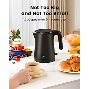 WTJMOV Electric Kettle Stainless Steel, 1.0L Small Water Boiler 1200W Fast Boiling, Double Wall Tea Kettle Pot Automatic Shut Off, Durable Coffee & Tea Maker/Warmer/Heater Black