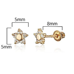 14k Yellow Gold Flower Cubic Zirconia Children Screwback Baby Girls Stud Earrings