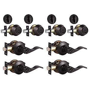 Keyed Entry Door Lock Set, Keyed Alike Single Cylinder Deadbolt with Wave Style Lever, Oil Rubbed Bronze Reversible Leverset for Bedroom, Front Door, Office 4 Pack
