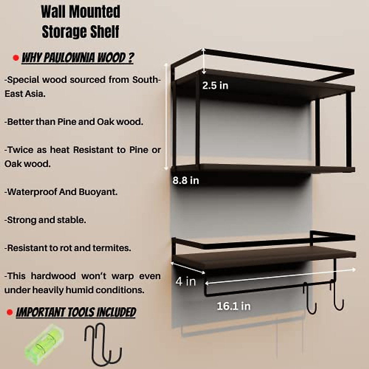 Wall Mounted Floating Shelves Set of 2 with Tissue Rack, Towel Bar & Hooks, Storage Rack for Bathroom, Kitchen, Livingroom, Bedroom & Garage - Black