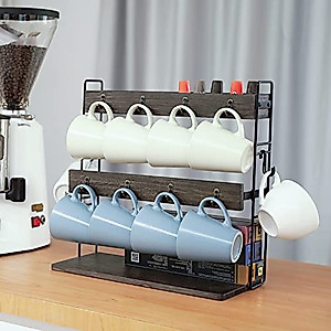 Wood Coffee Mug Rack Holder Stand with Metal Frame and Wooden Shelf for Coffee, Countertop 2 Tier Tea Cups Display Organizer for Home & Kitchen