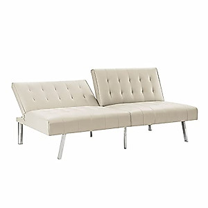Naomi Home Split Back Faux Leather Leather Futon Sofa (Split Back with Armrest, Cream)