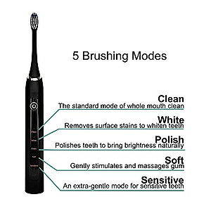 Over The Sea Sonic Bluetooth Rechargeable Electric Toothbrush – 5 Modes – App Control – Smart Timer – Wireless Charging – Portable Power Toothbrush – 2 Replacement Dupont Brush Heads (Black)