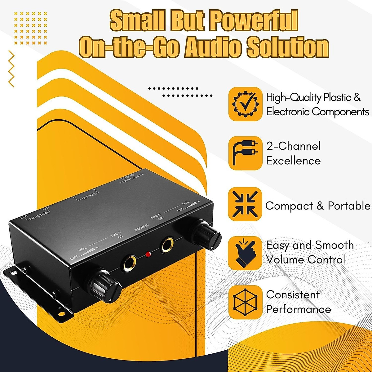 TNP Mini Mixer Audio - Compact 2 Channel Stereo Mixer, Black, Easy Control, Portable, Compatible with 6.35mm Dynamic Microphones & RCA Stereo Output