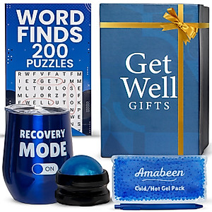 Amabeen Get Well Soon Gifts for Men - Gift Basket Containing Insulated Tumbler, Mindfulness Puzzle Book, Massager Ball, Hot/Cold Gel Pack - Hospital Care Package - Ideal After Surgery & Recovery
