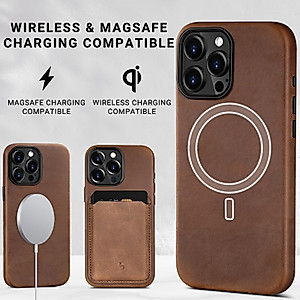 Belemay Compatible with iPhone 15 Pro Max Leather Case Magsafe-Top Grain Vintage Crazy Horse Leather-Metal Buttons Camera Bezel-Slim Fit-Precision Crafted Premium Phone Cover (6.7-inch)-Retro Brown