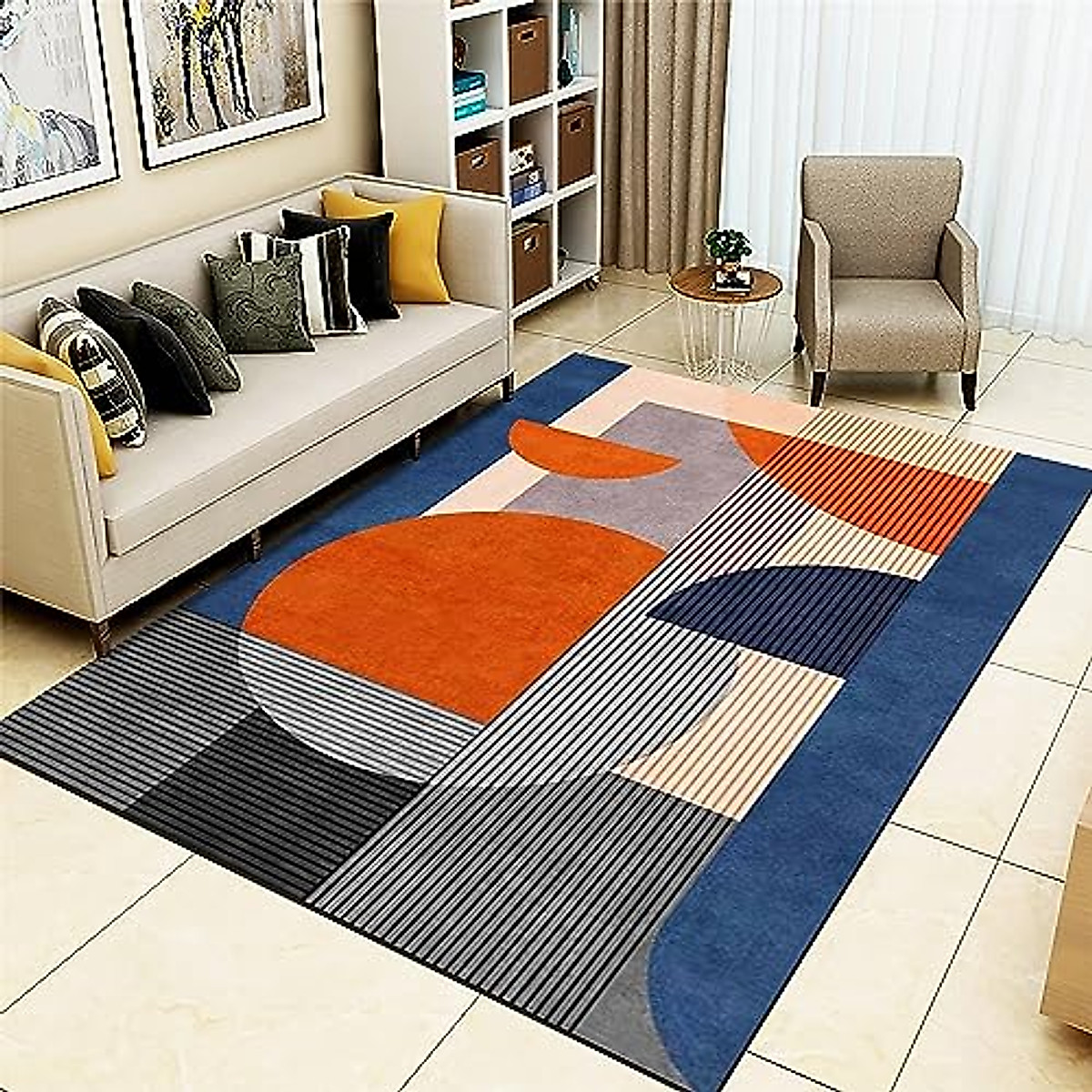 Modern Abstract Area Rug, 5x7ft, Blue Orange Gray Modern Geometric Rug Pad, Luxurious Fashion Minimalistic Art Design Anti-Slip Washable Carpet for Living Room, Indoor Rugs for Bedroom Dorm Hotel