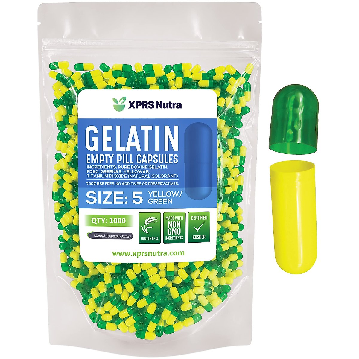 XPRS Nutra Size 5 Empty Capsules - 1000 Count Very Small Empty Gelatin Capsules - Empty Pill Capsules for DIY Capsule Filling - Fillable Pill Capsules Empty Gel Caps (Green/Yellow)